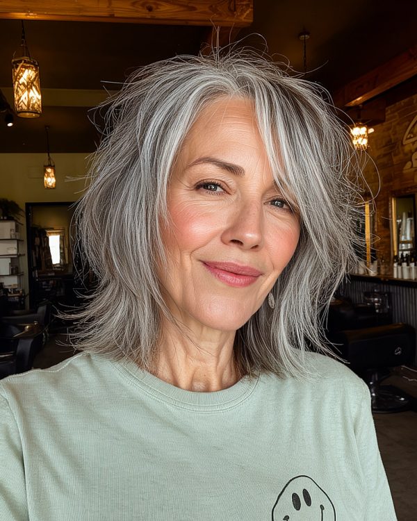 22 Popular Shoulder Length Hair Ideas for Ladies with Grey Hair